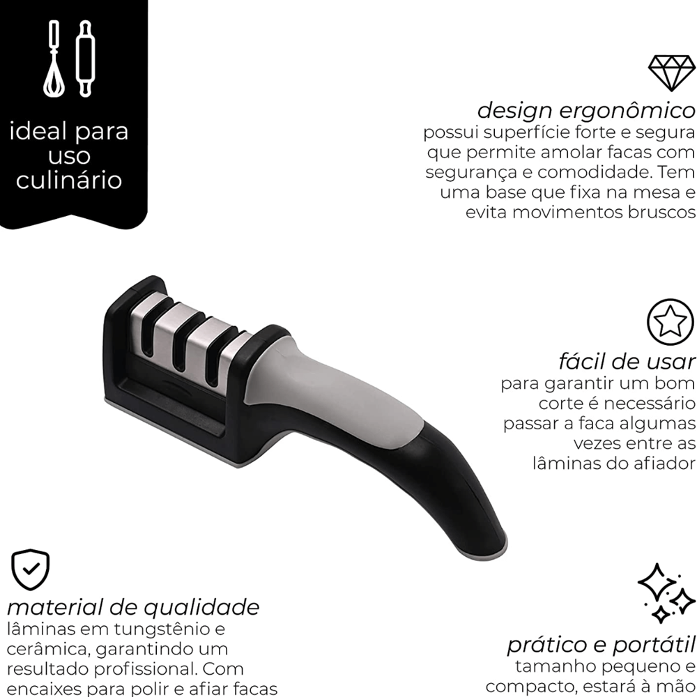 Amolador de Facas Aço Inox com Cabo Emborrachado Mimo Style