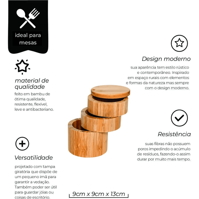 Porta Condimentos 3 Divisórias em Bambu Ecokitchen Mimo Style