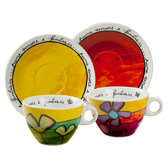 Set 2 Xícaras com Pires Porcelana PAF 250 ml Verde e Vermelho Egan Italy