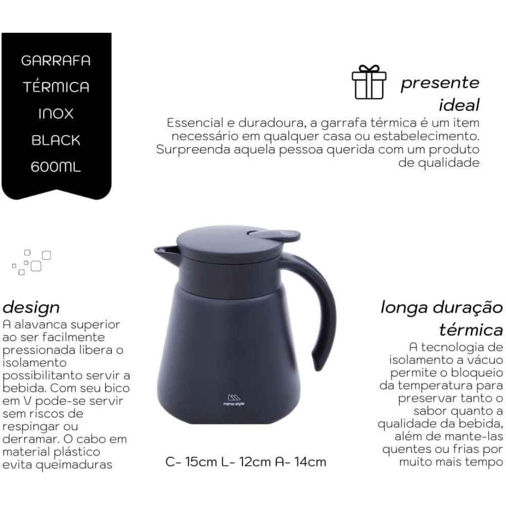 Garrafa Térmica Daily Parede Dupla Aço Inox 600 ml Preto Mimo Style